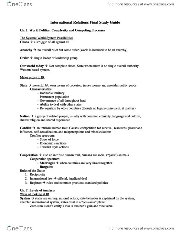 CAS IR 271 Final: Final Study Guide (study this for midterm) - OneClass
