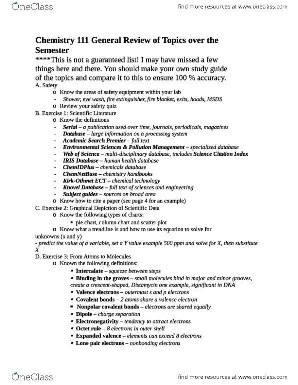 CHEM 111 Study Guide - Spring 2012, Final - Covalent Bond ...