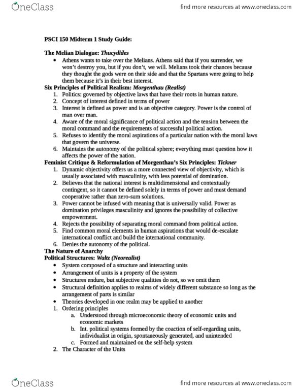 PSCI 150 Study Guide - Fall 2013, Midterm - Kenneth Waltz, Security ...