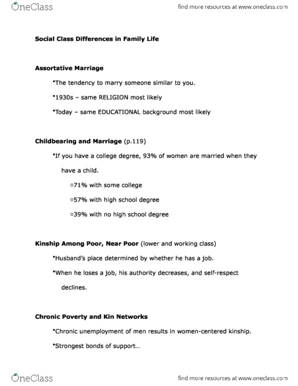 SOC 321 : Social Class Differences in Family Life Notes (all the notes ...