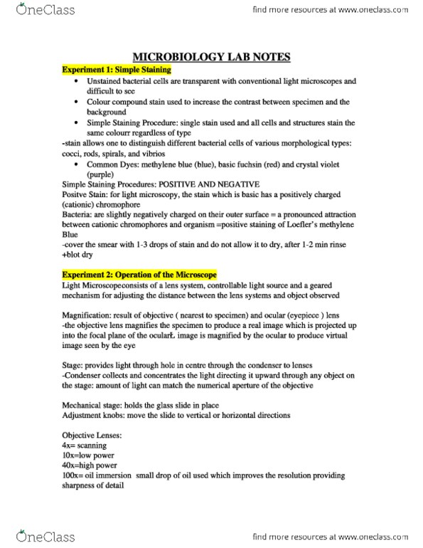 BIOL241 : MICROBIOLOGY LAB NOTES (review notes) - OneClass