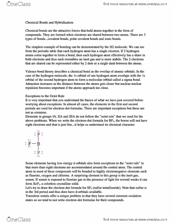 CHEM 111 : Chemical Bonds and Hybridization Notes (full notes) - OneClass