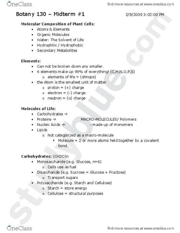 BOTANY 130 Final: COMPLETE STUDY GUIDE FOR EXAM #1 - OneClass