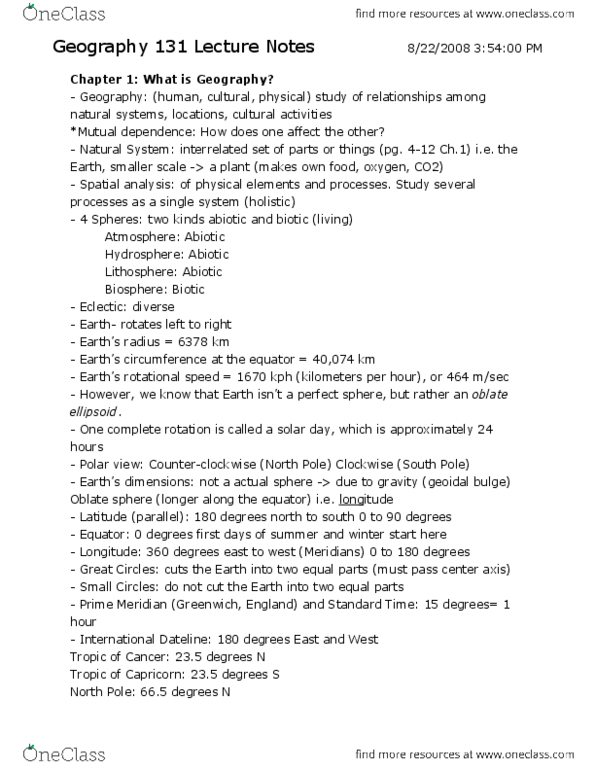 Geog 131 Geography 131 Lecture Notes Oneclass
