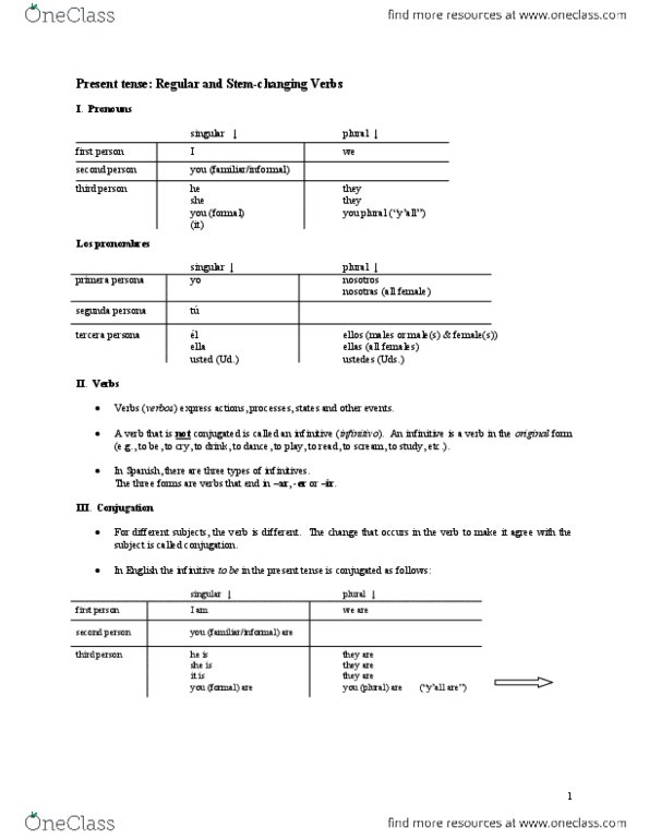 SPAN 212 Study Guide - Fall 2013, - Present Tense, Infinitive, Preterite