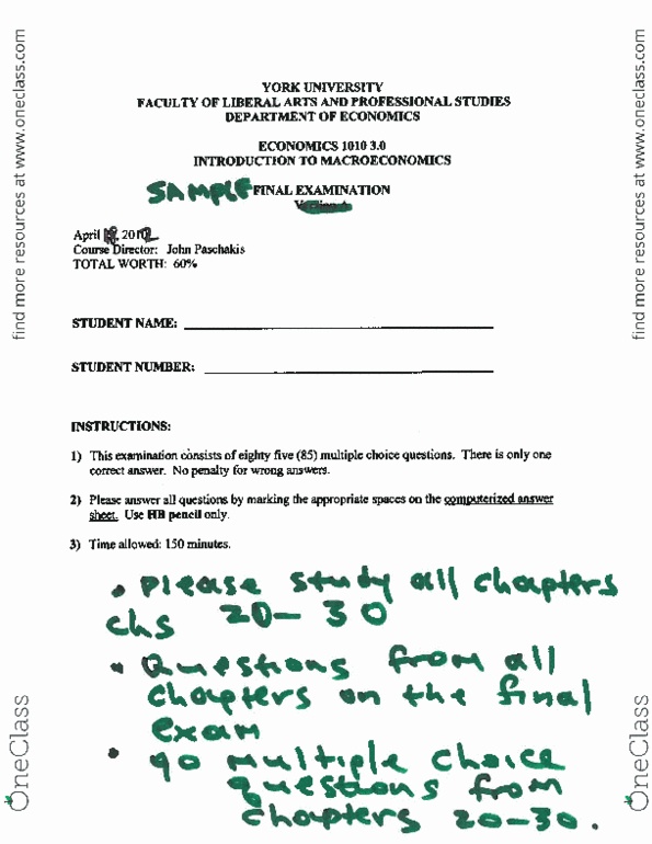 ECON 1010 Final Sample Final Exam pdf OneClass