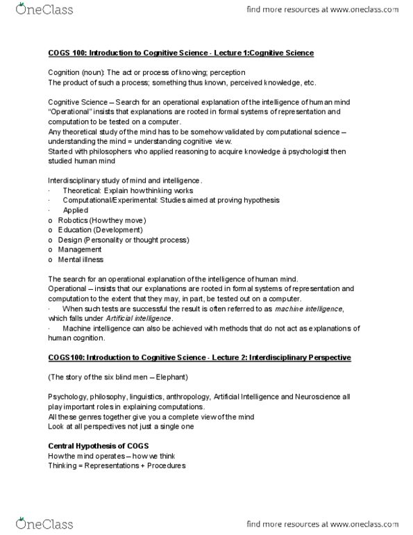 Cogs 100 Final Cogs100 Introduction To Cognitive Science Final Exam Oneclass