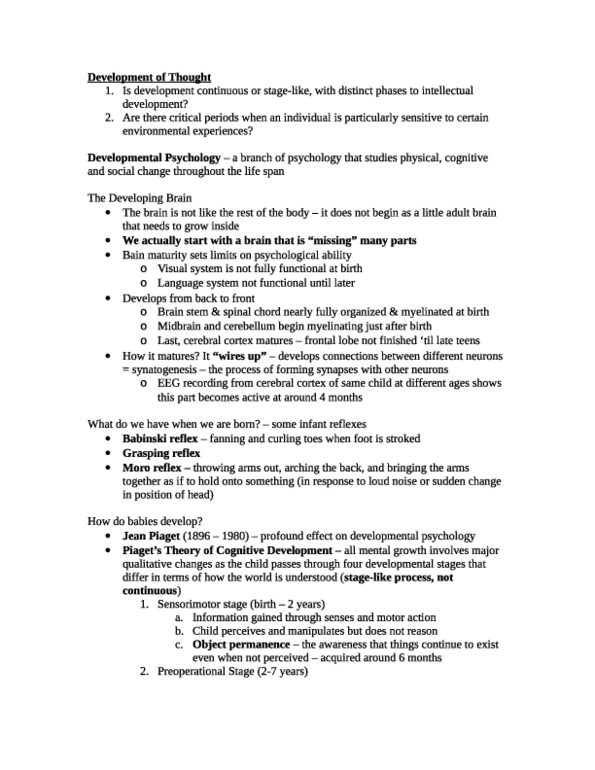 PSYC 1010 Final: Development of Thought (must read for final) - OneClass