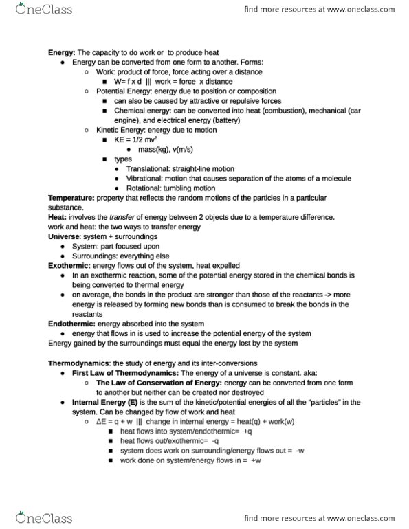CHEM 101 Study Guide - Fall 2011, Final - Thermodynamics, Chemical ...