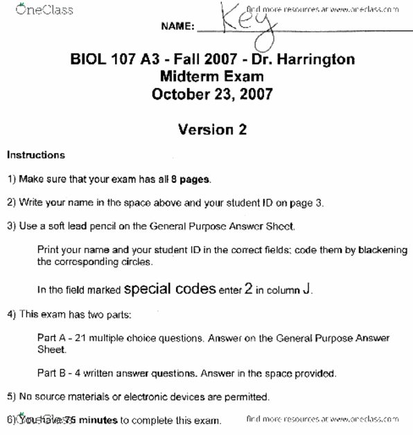 BIOL107 Midterm: Bio 107 Sample Midterm 2 Answer.pdf - OneClass BIOL107 Midterm: Bio 107 Sample Midterm 2 Answer.pdf - OneClass