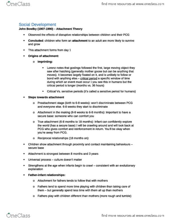 PSY1011 Midterm: Social development (study this for midterm) - OneClass