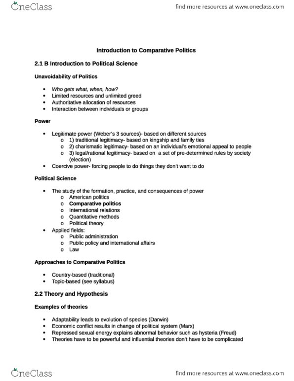 POLI 1400 : Intro to Comparative Politics (full notes) - OneClass POLI 1400 : Intro to Comparative Politics (full notes) - OneClass