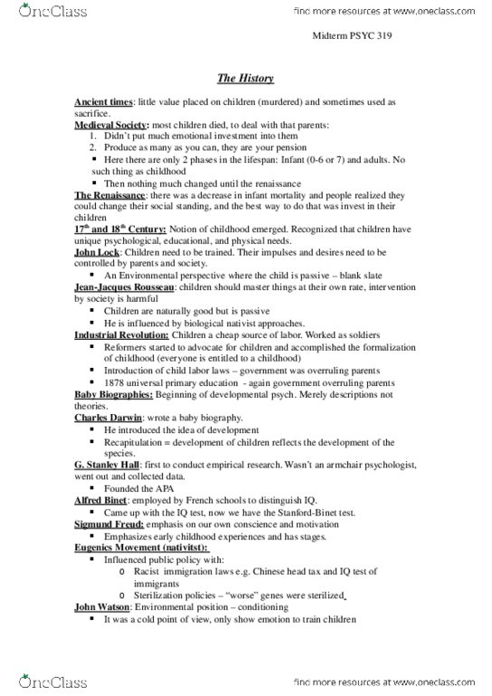 Psyc 319 Midterm Applied Developmental Psych For Midtermdocx Oneclass