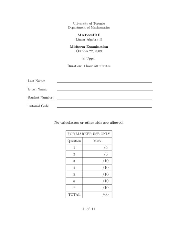 MAT224H1 Midterm: MAT224 MIDTERM SELF GENERATED SOLUTION 2009 PART2.pdf ... MAT224H1 Midterm: MAT224 MIDTERM SELF GENERATED SOLUTION 2009 PART2.pdf ...