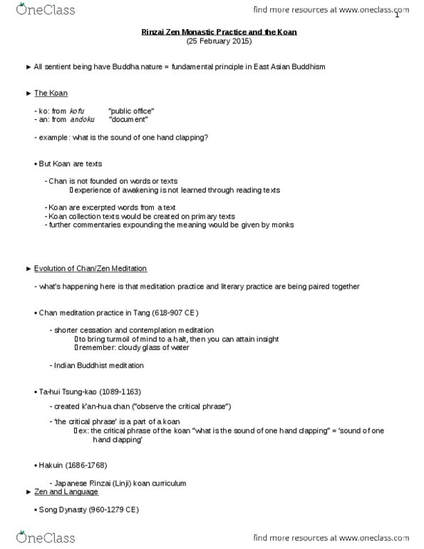 RELG 253 Quiz: Rinzai Zen Monastic Practice and the Koan (Notes).docx ...