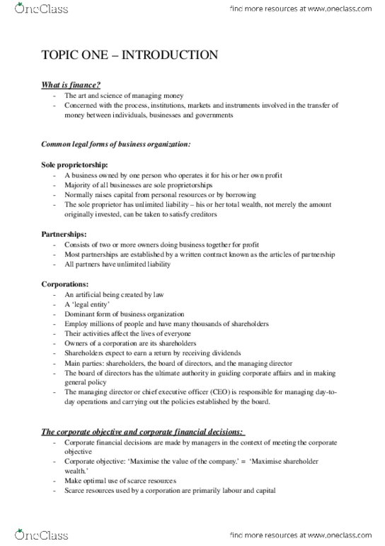 MAF101 : Fundamentals of Finance вЂ“ Introduction to Finance Notes ...