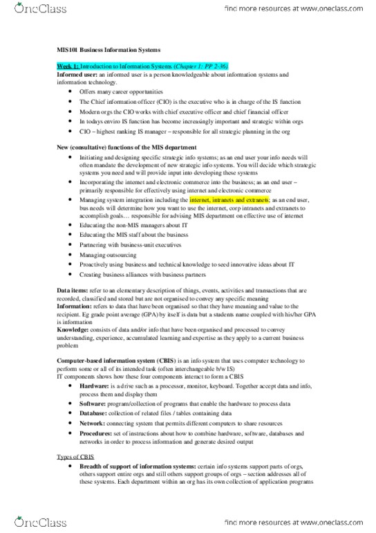 MIS 101 Final: Business Information Systems Exam Notes - OneClass