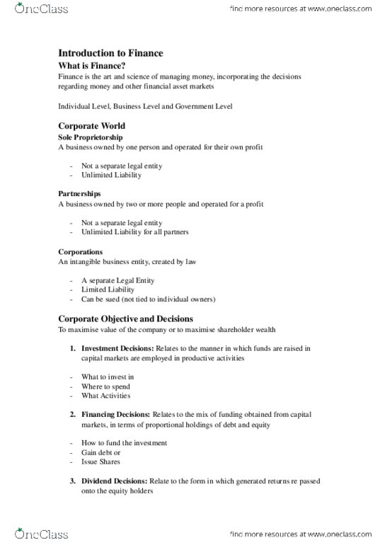 MAF101 : Fundamentals of Finance Notes Complete - OneClass