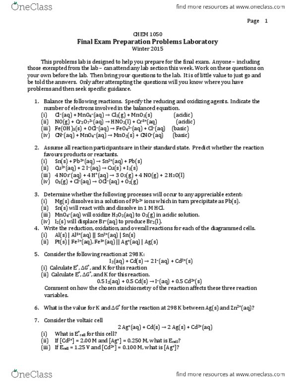 CHEM 1050 Study Guide - Winter 2014, Final - Lead, Stoichiometry, Bromine