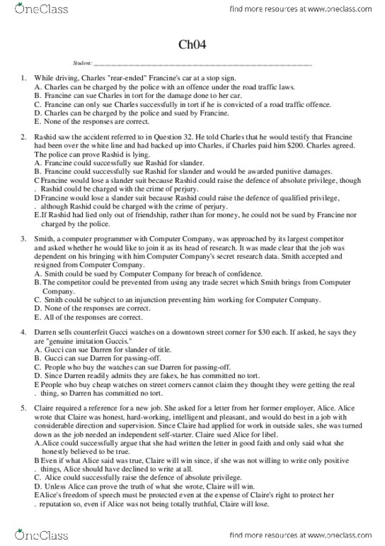 ADMS 2610 Study Guide - Fall 2014, Quiz - Intentional Tort, Malicious ... ADMS 2610 Study Guide - Fall 2014, Quiz - Intentional Tort, Malicious ...