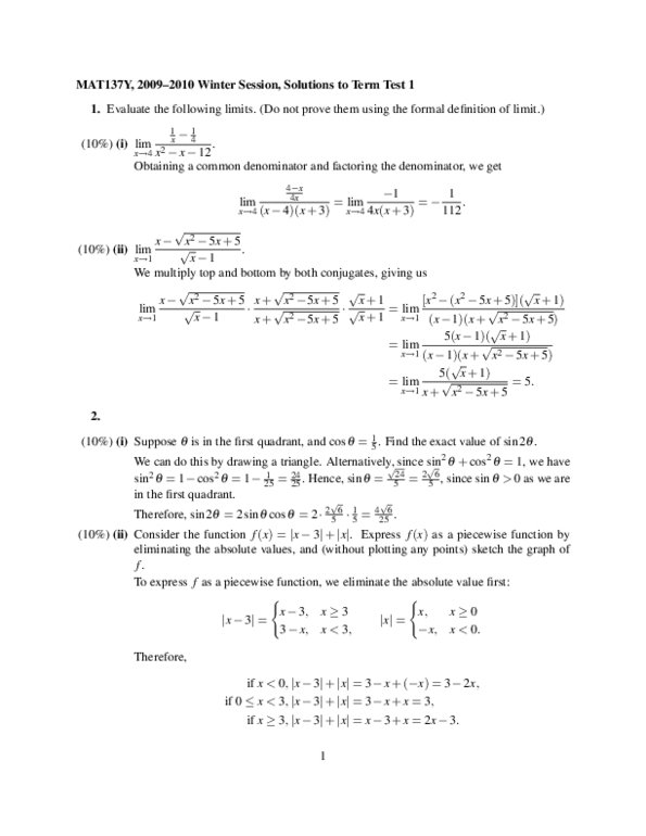MAT137Y1 Midterm: 2009 Test 1 solution - OneClass