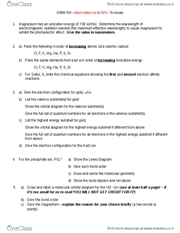 CHEM 1101 Study Guide - Fall 2015, Midterm - Atomic Radius, Electron Affinity, Electron ...