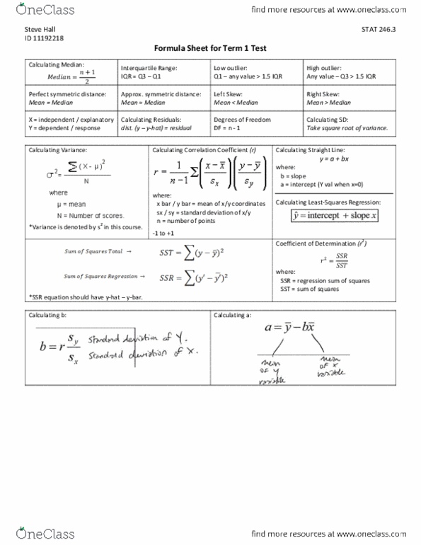 STAT 246 Midterm: STAT 246.3 Formula Sheet for Term 1 Test - OneClass