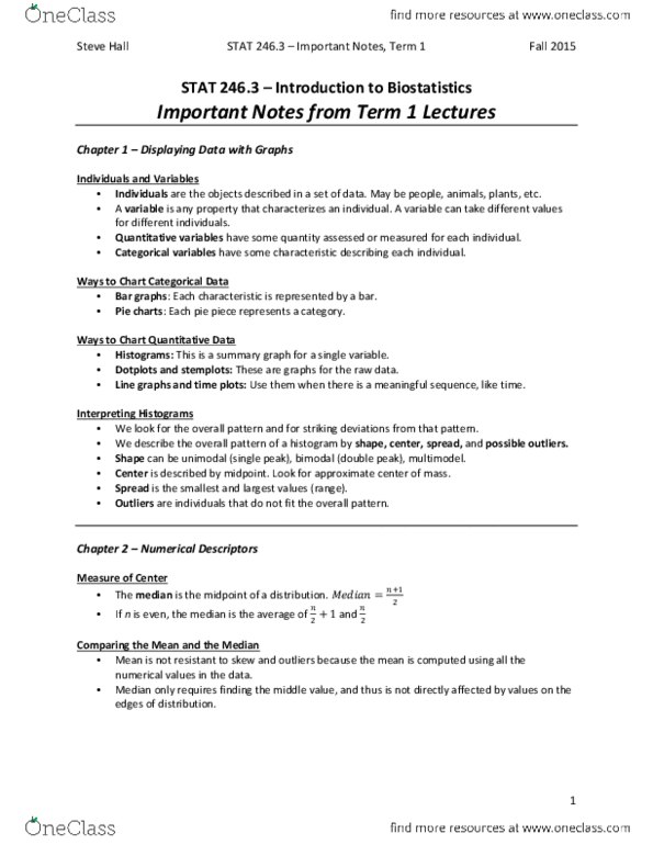 STAT 246 Study Guide - Fall 2015, Midterm - Continuous Or Discrete ...