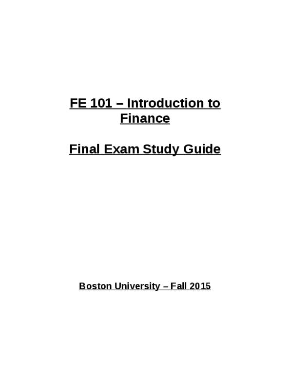 SMG FE 101 Study Guide - Fall 2015, Final - Representation Theory, Interest, Cash Flow
