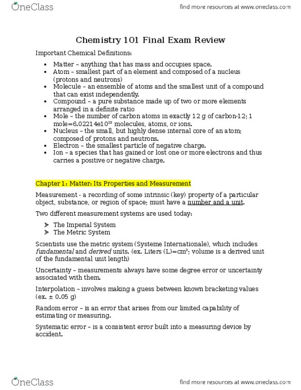 CHEM-101 Study Guide - Fall 2015, Final - Lattice Energy, Carbon-12 ...
