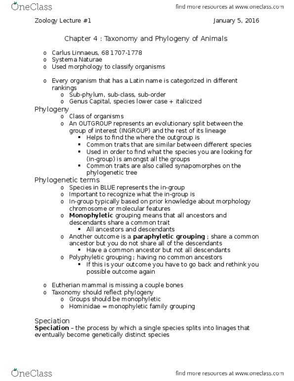 Biol 2p92 Lecture Notes Winter 2016 Lecture 1 Phylogenetic Tree