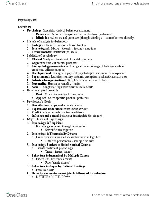 PSYCO104 Study Guide - Winter 2016, Midterm - Psychological Methods ...
