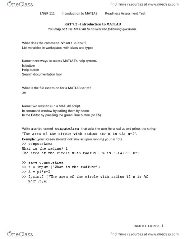 ENGR 111 Study Guide - Fall 2015, Midterm - Matlab, Filename Extension