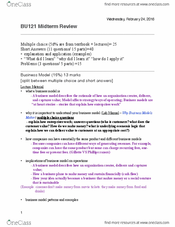 Bu121 Midterm Midterm Review Oneclass