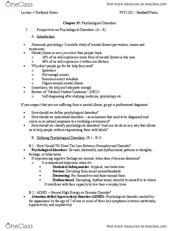 PSY 1102 Final: Ch. 15 - Psychological Disorders Notes - OneClass