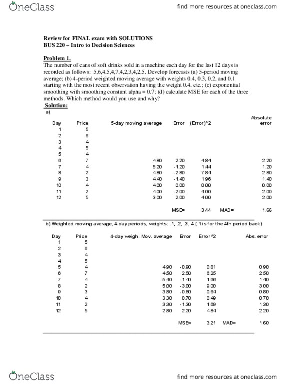 BUS 220 Study Guide - Spring 2016, Final - Moving Average, Exponential ...