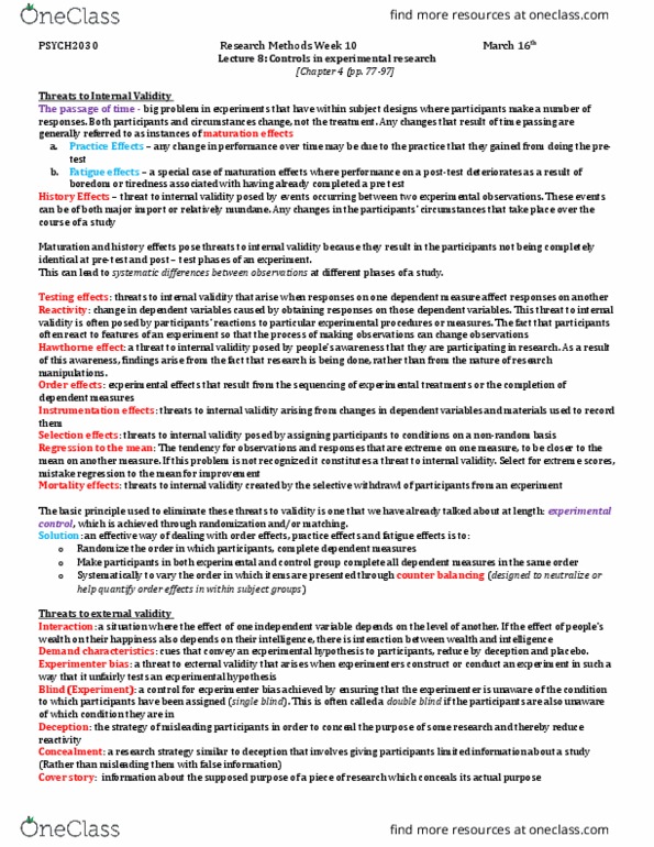 PSYC 2030 Study Guide - Winter 2016, Final - Internal Validity ... PSYC 2030 Study Guide - Winter 2016, Final - Internal Validity ...