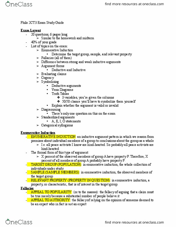 PHILOS 2CT3 Study Guide - Winter 2016, Final - Enumerative Induction ...