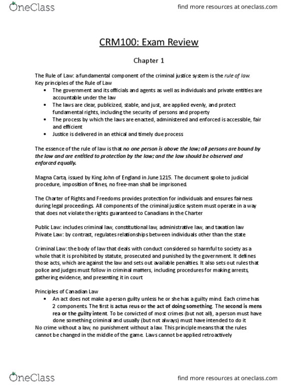 CRM 102 Study Guide - Winter 2016, Final - Jeremy Bentham, Adversarial ...