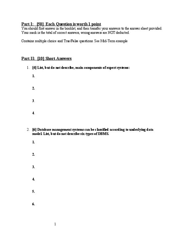 ITEC 1010 Study Guide - Fall 2012, Final - Unique Key, Expert System, Management System