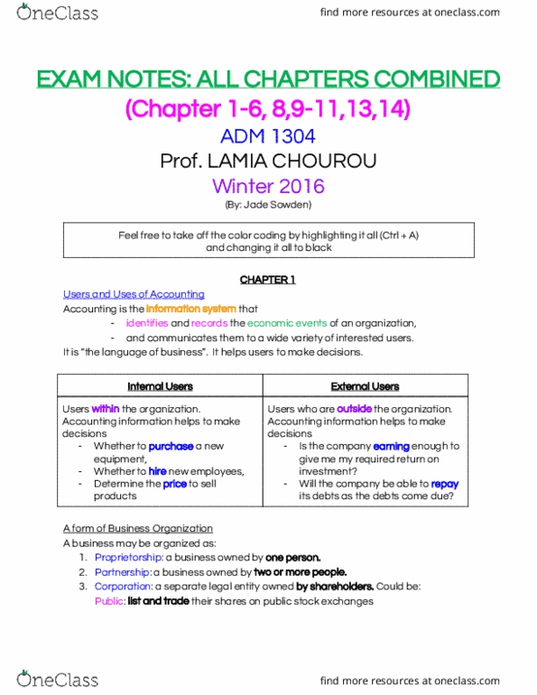 ADM 1340 Final: EXAM SUMARY NOTES (ALL CHAPTERS) - WINTER 2016 - OneClass