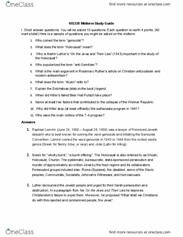 HIS338H5 Study Guide - Summer 2016, Midterm - Raphael Lemkin, Genocide ...