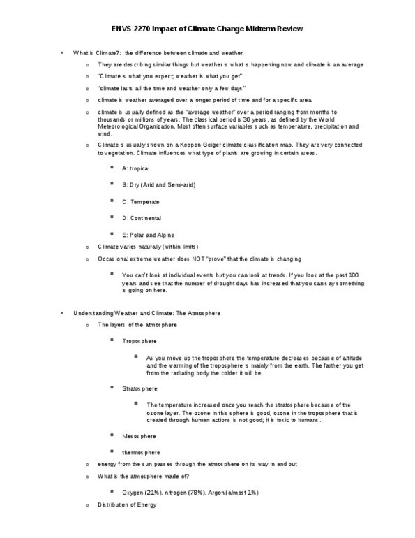 ENVS 2270 Midterm: ENVS Midterm Review - OneClass