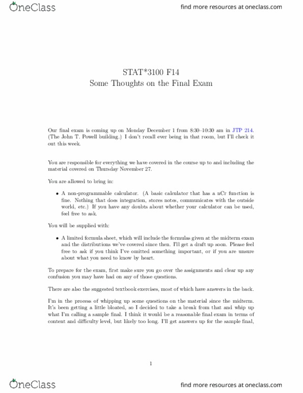 STAT 3100 Study Guide - Fall 2014, Final - Moment-Generating Function, Central Limit Theorem ...