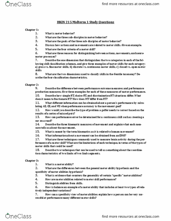 HKIN 215 Study Guide - Summer 2015, Midterm - Motor Unit, White Matter ...